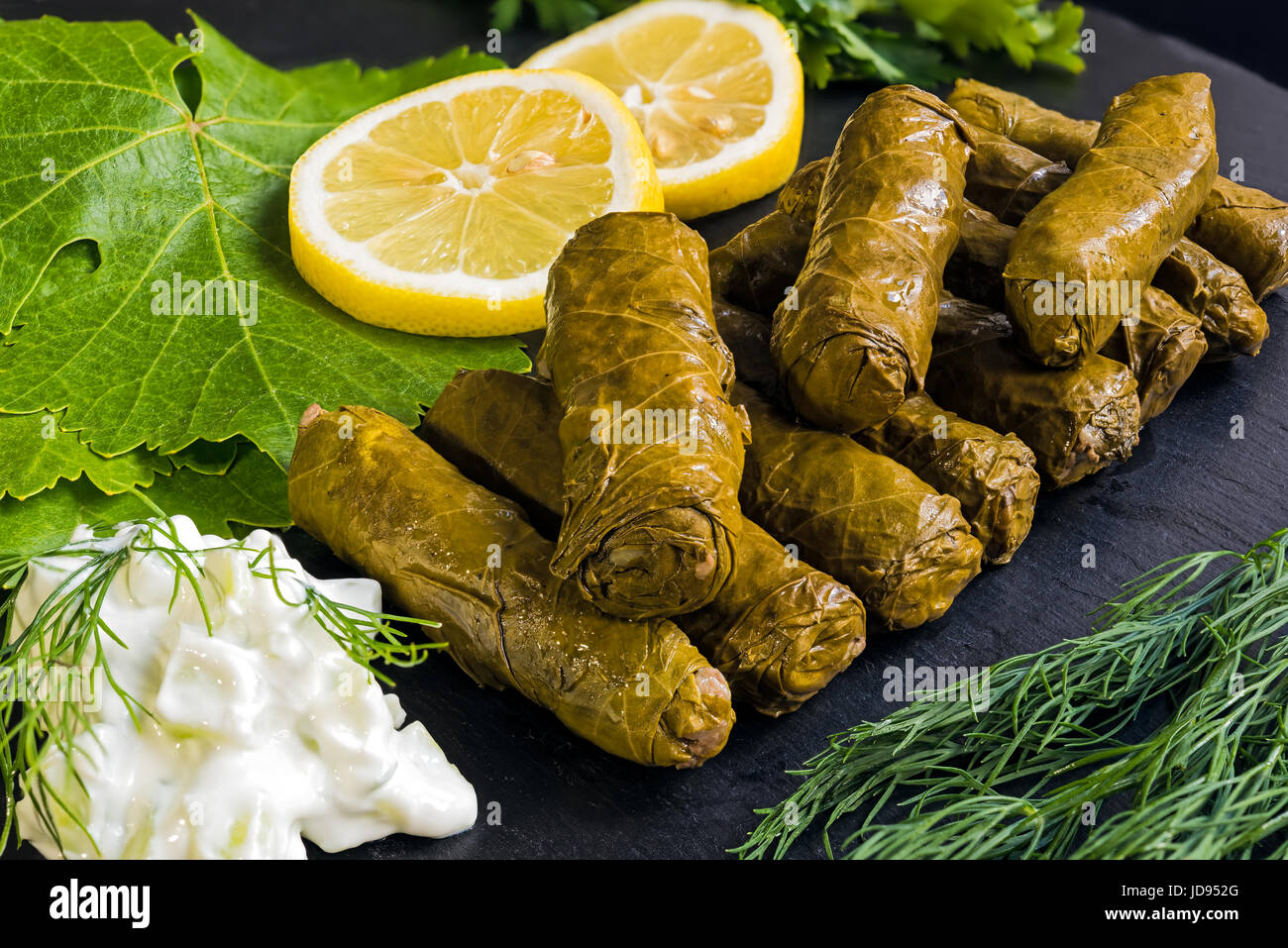 Delicious stuffed grape leaves (the traditional dolma of the ...
