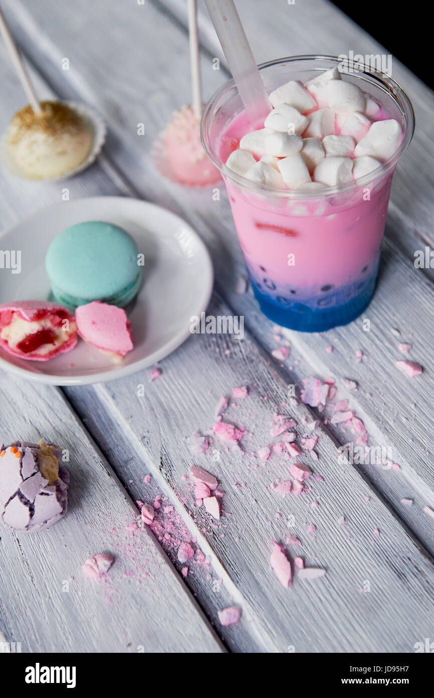 bubble tea in pink and blue color in a plastic Cup with a straw. Soft ...