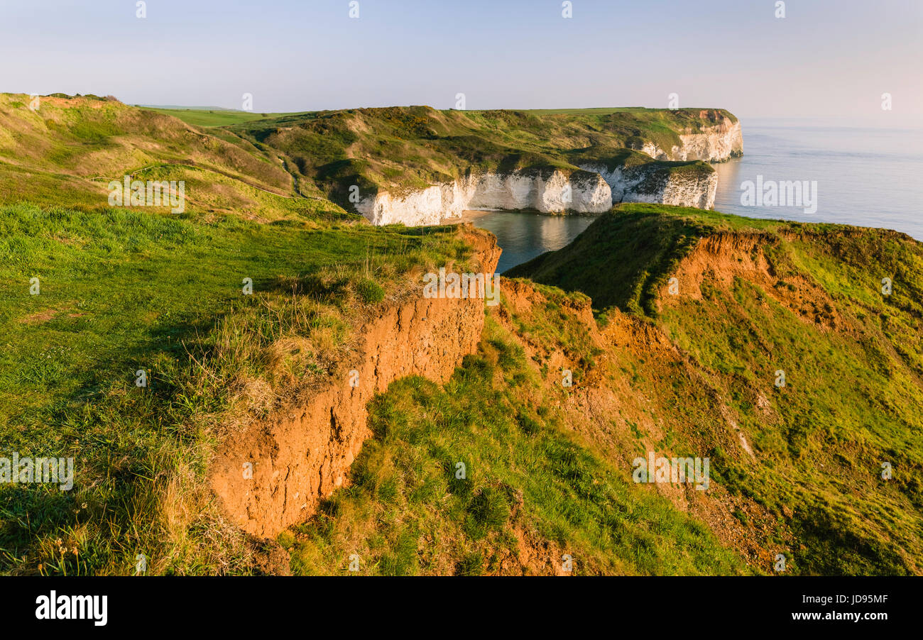 Sea and weather erosion along the high chalk cliffs and mud banks along ...