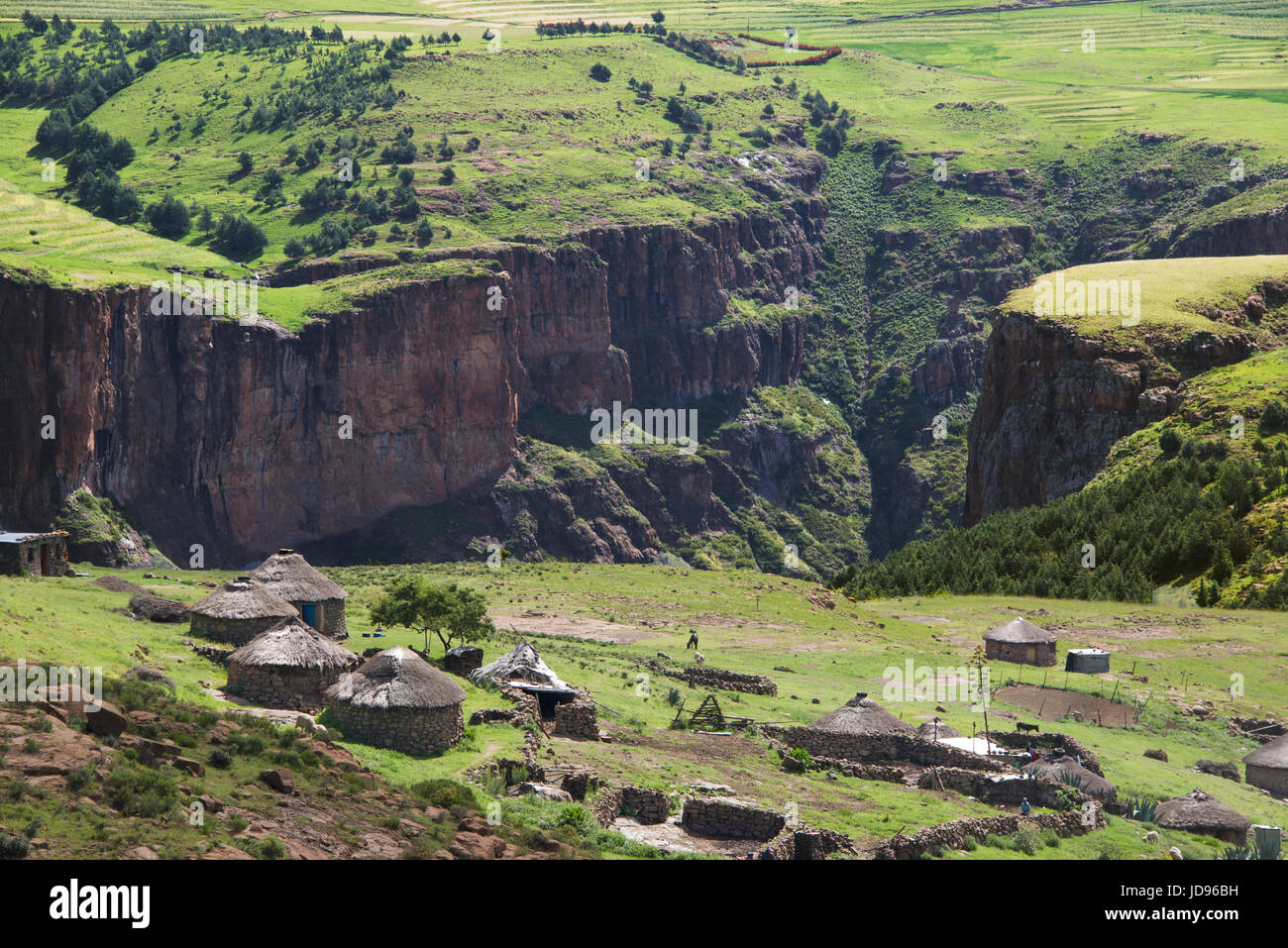Typical small rural village beside Maletsunyane River Canyon Semonkong ...