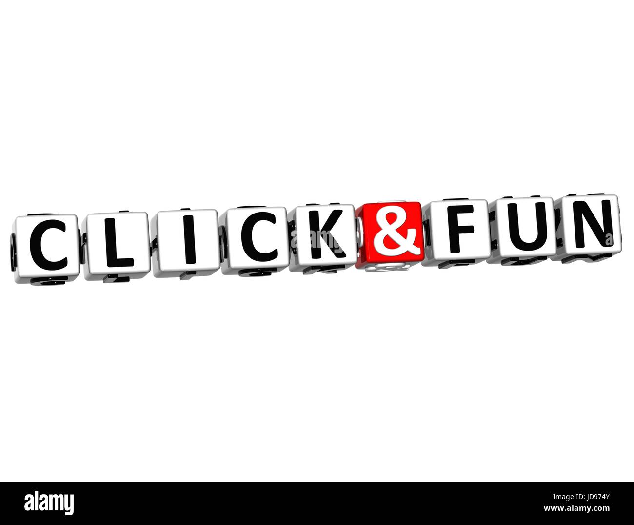 3D Click And Fun Button Click Here Block Text over white background ...
