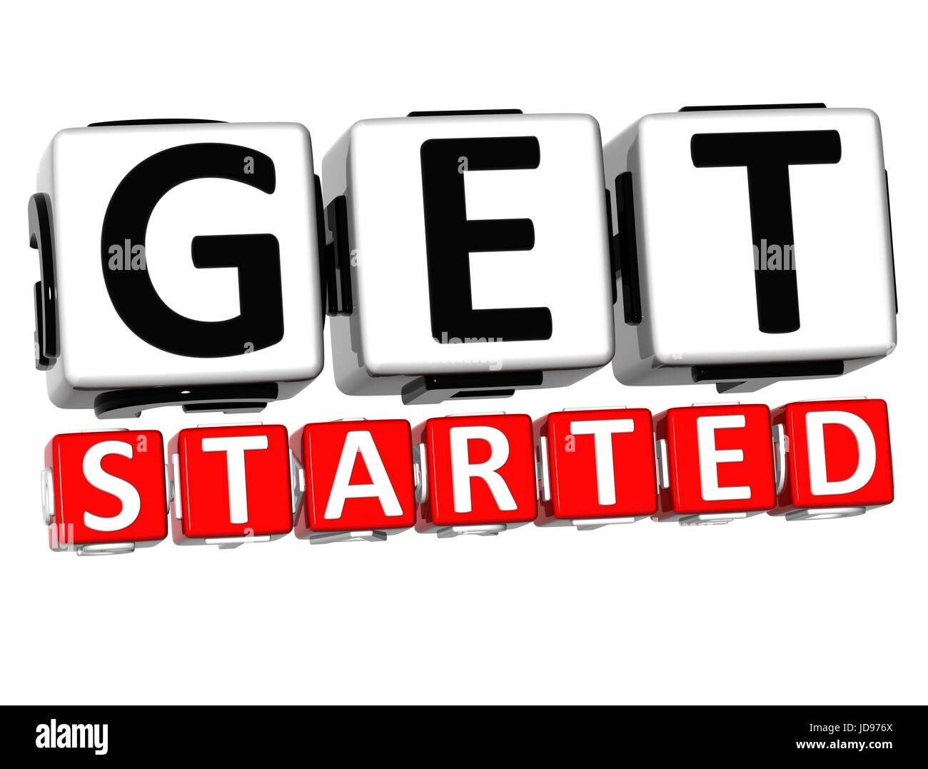 3D Get Started Button Click Here Block Text over white background Stock ...