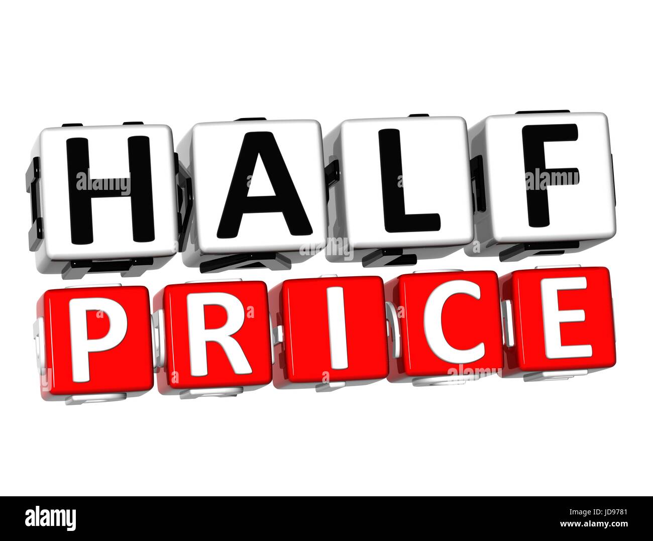 3D Half Price Button Click Here Block Text over white background Stock ...