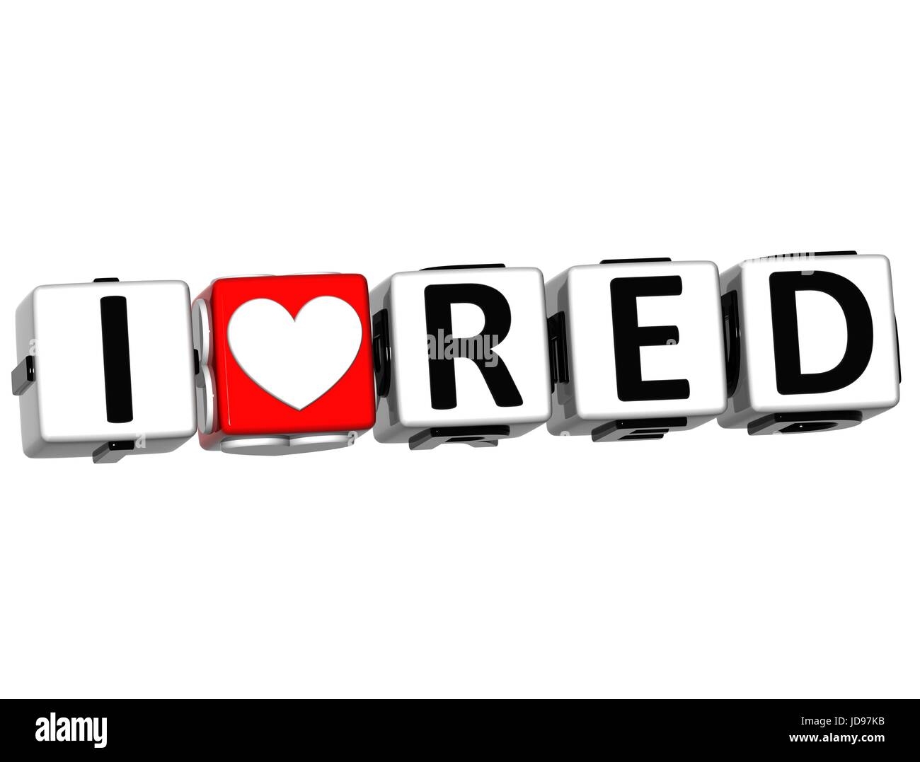 3D I Love Red Button Click Here Block Text over white background Stock ...