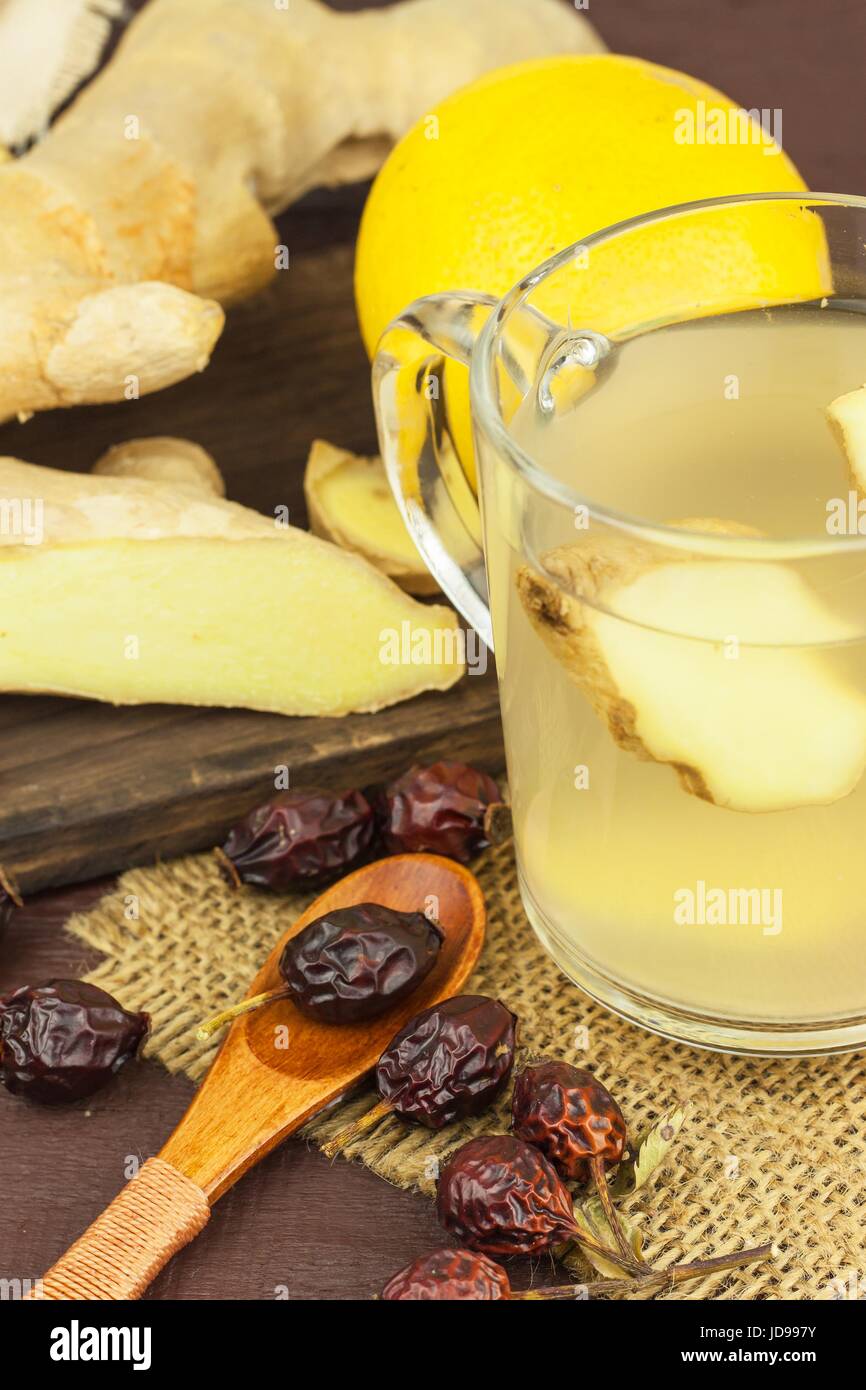 Ginger tea. Natural treatment for colds and flu. Ginger, lemon, honey ...