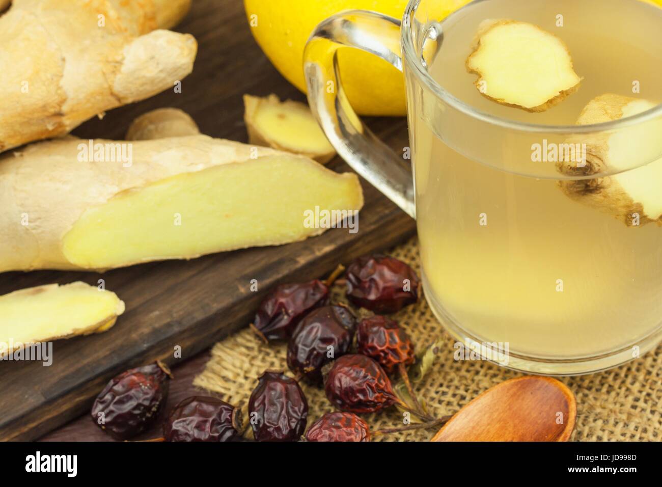 Ginger tea. Natural treatment for colds and flu. Ginger, lemon, honey ...
