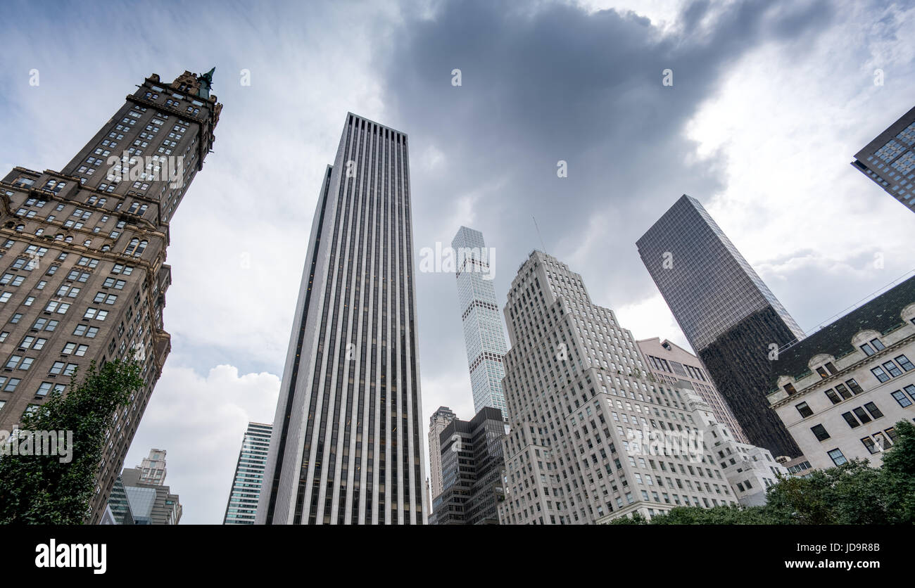 Low angle view of tall skyscrapers in New York City, New York, USA ...