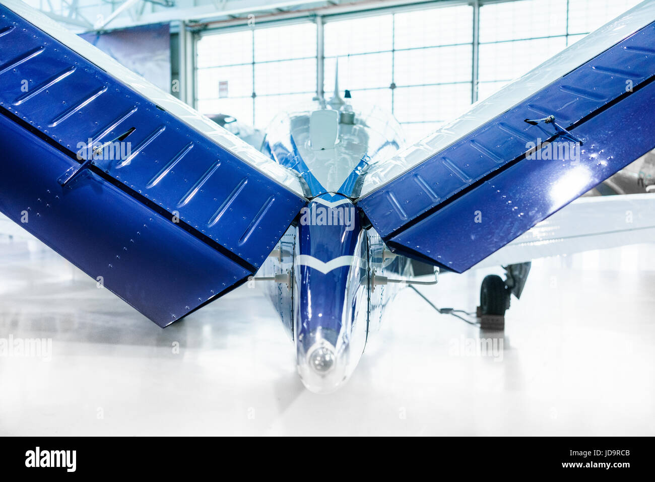 Rear end of restored stationary propeller plane, indoors, at day Stock ...