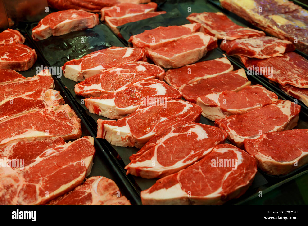 Raw fresh meat, beef or pork in supermarket for steak ingredient steaks ...