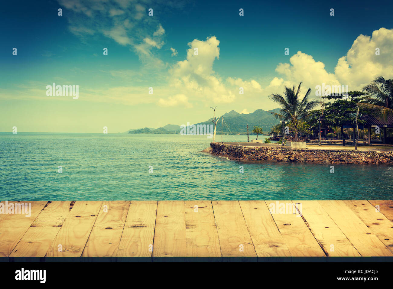 Empty wood table for product display and montage on beach with vintage ...