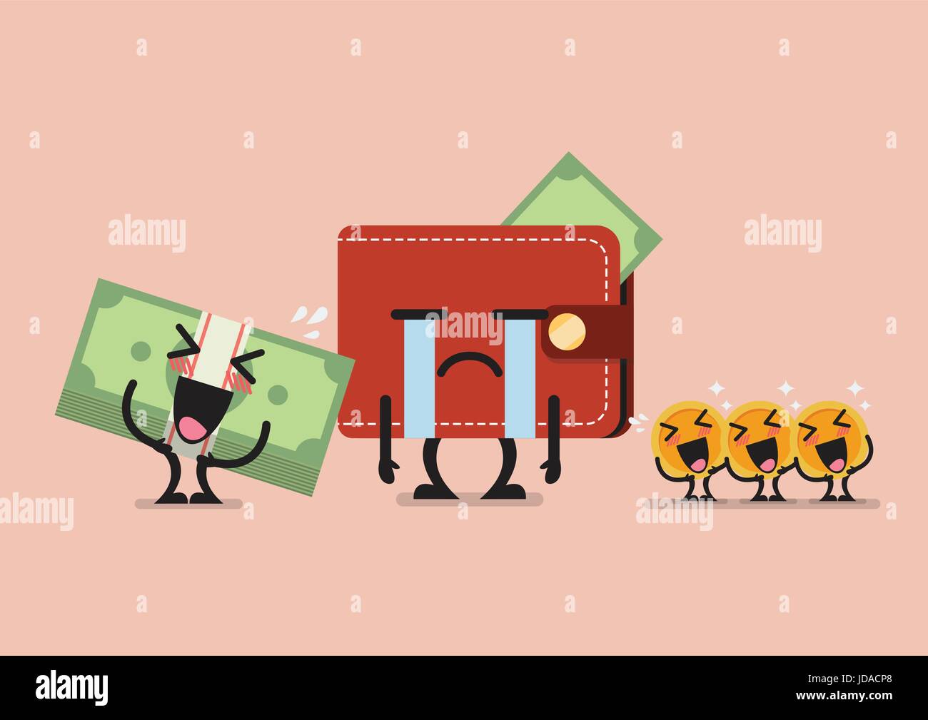 Banknote and coin laughing at crying wallet. Funny cartoon emoticons ...