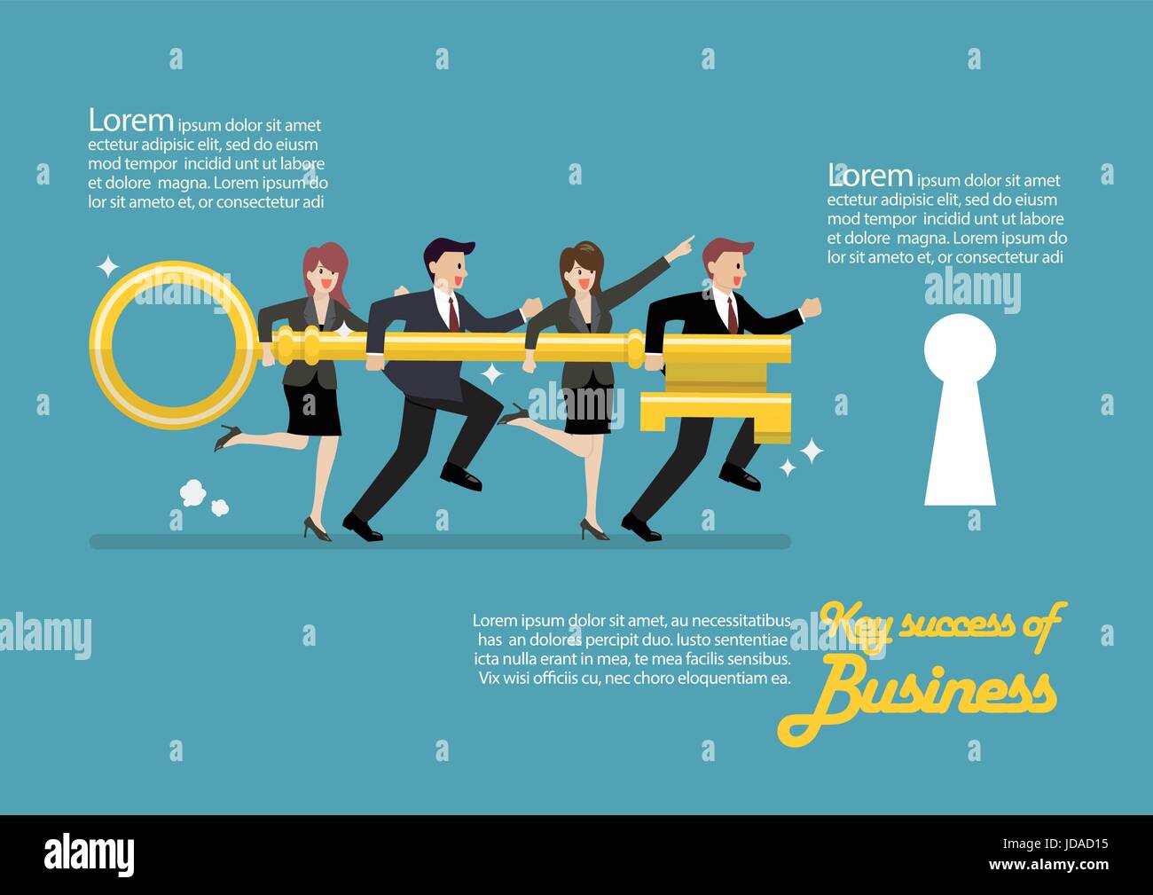 Infographic of business team holding golden key to unlock the lock ...