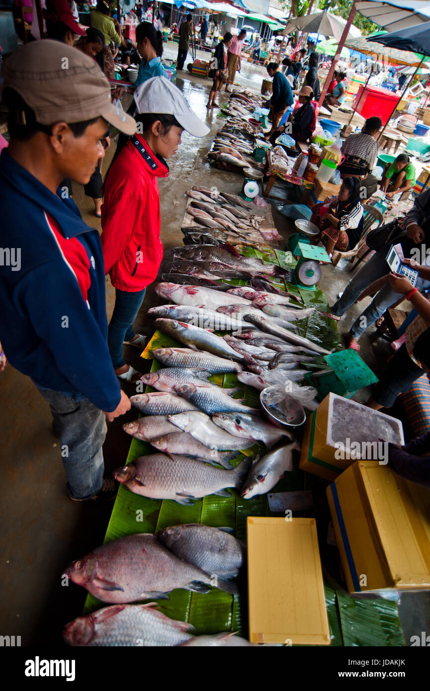 PAKSE, LAOS - AUGUST 12 : View of a market in Pakse city is the third ...