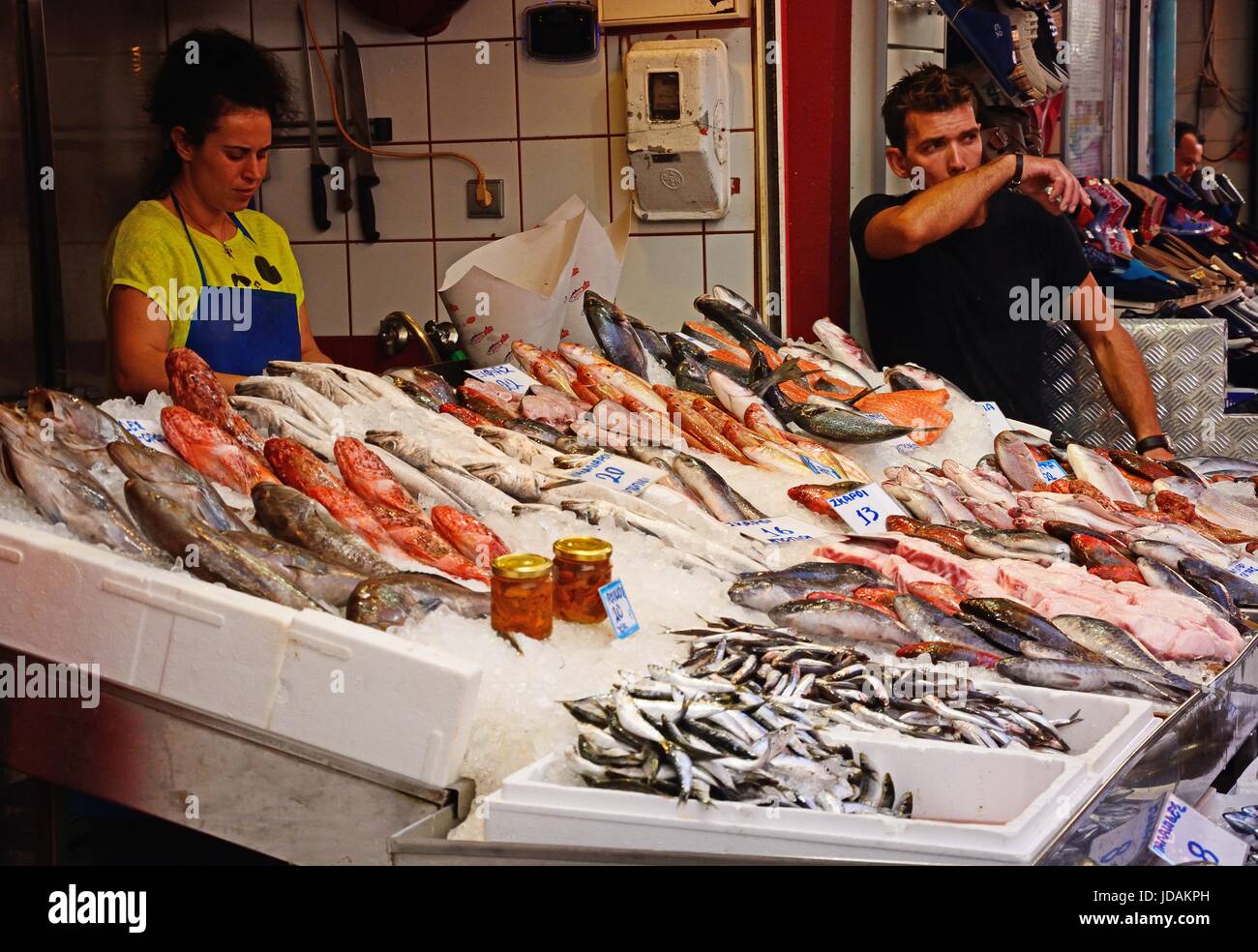 Fresh fish stall at the food market in the city centre, Heraklion ...