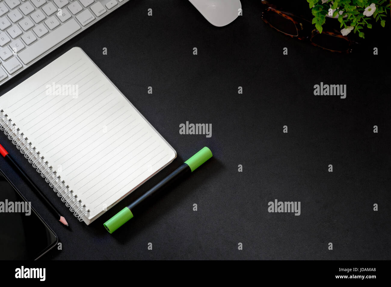 Office leather desk table with computer, supplies and notebook. Top ...