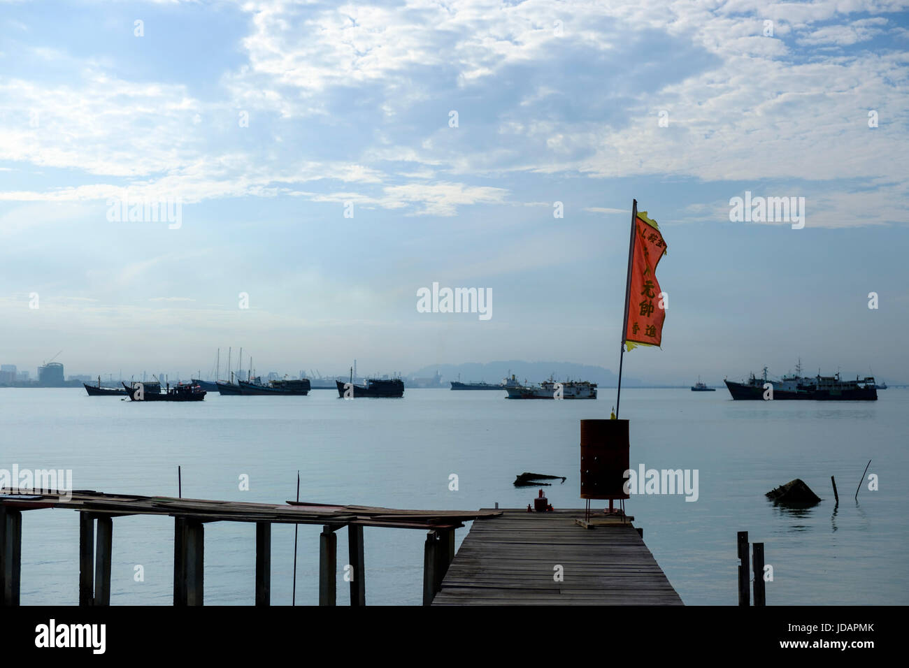 View of Penang Harbour from the boardwalk of Lee Jetty, one of the six ...