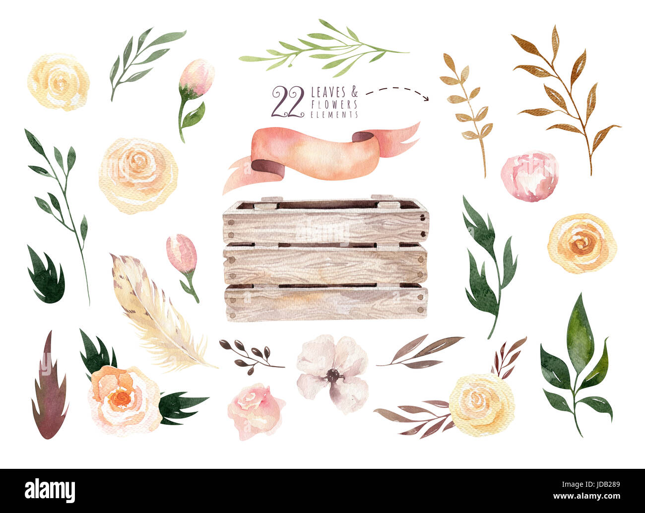 Hand drawing isolated boho watercolor floral illustration with leaves ...