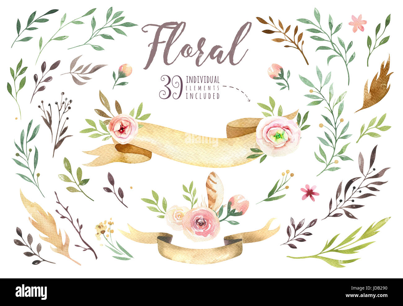 Hand drawing isolated boho watercolor floral illustration with leaves ...