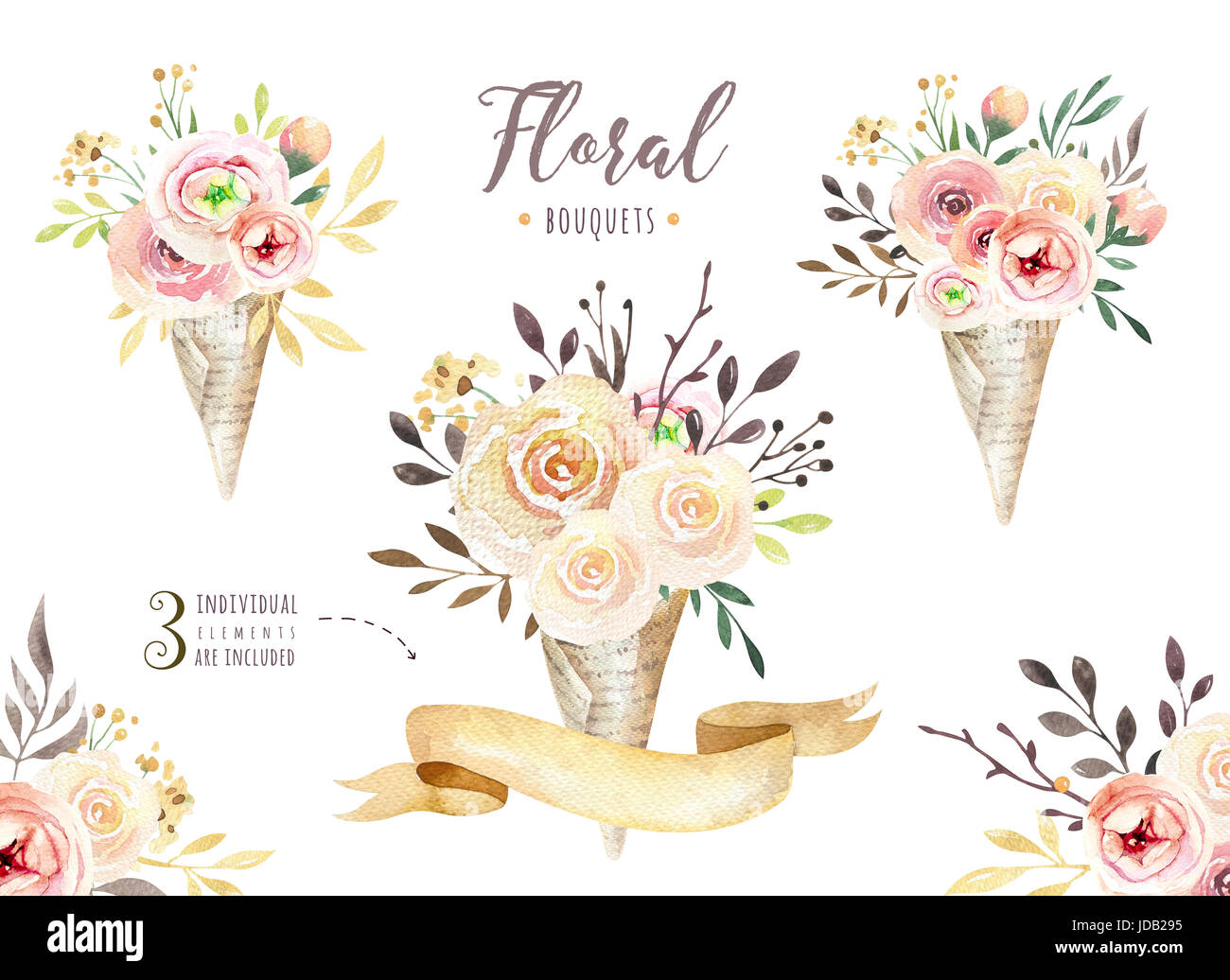 Hand drawing isolated boho watercolor floral illustration with leaves ...