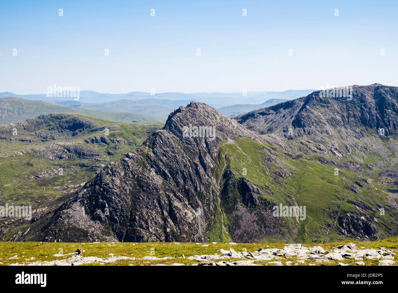 View to Mount Tryfan north ridge and peak with Glyder Fach beyond seen ...