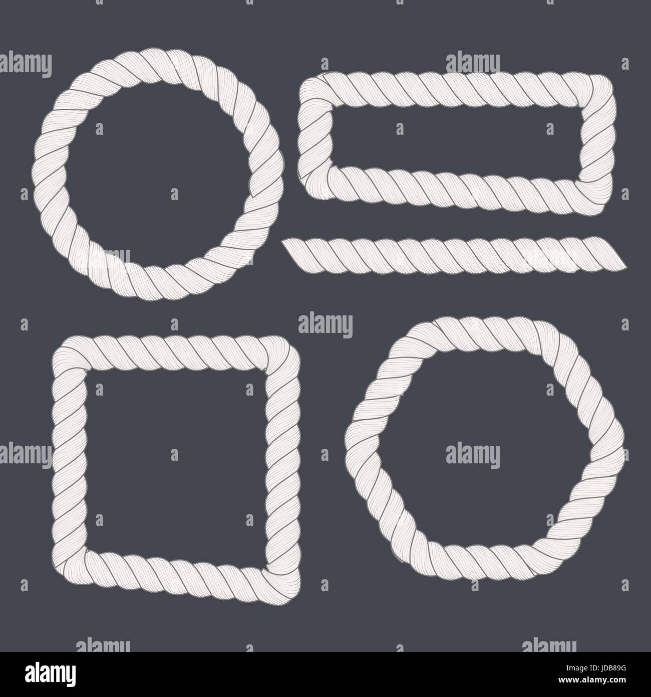 Different shapes, size horizontal white ropes on black background Stock ...
