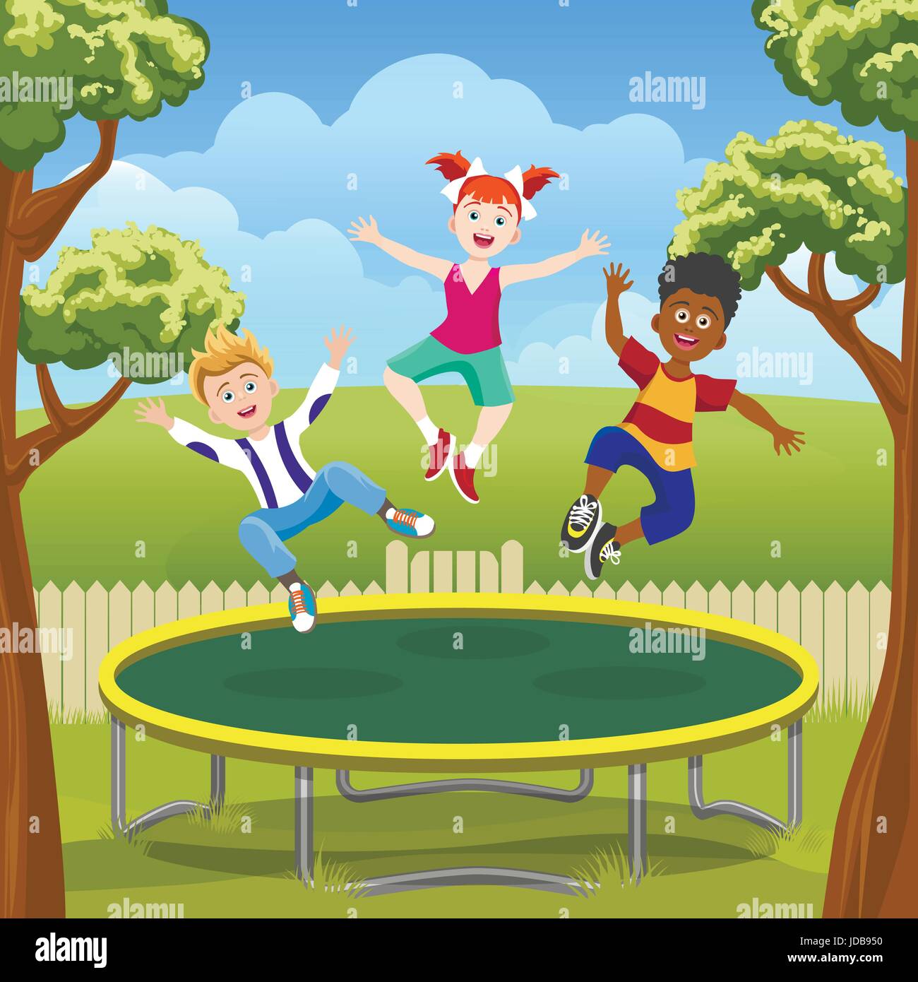 Happy jumping kids on trampoline in backyard. Funny children on ...