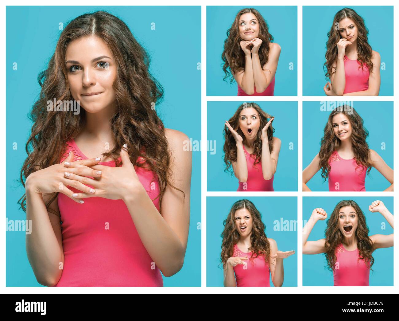 The young woman's portrait with different emotions on blue background ...