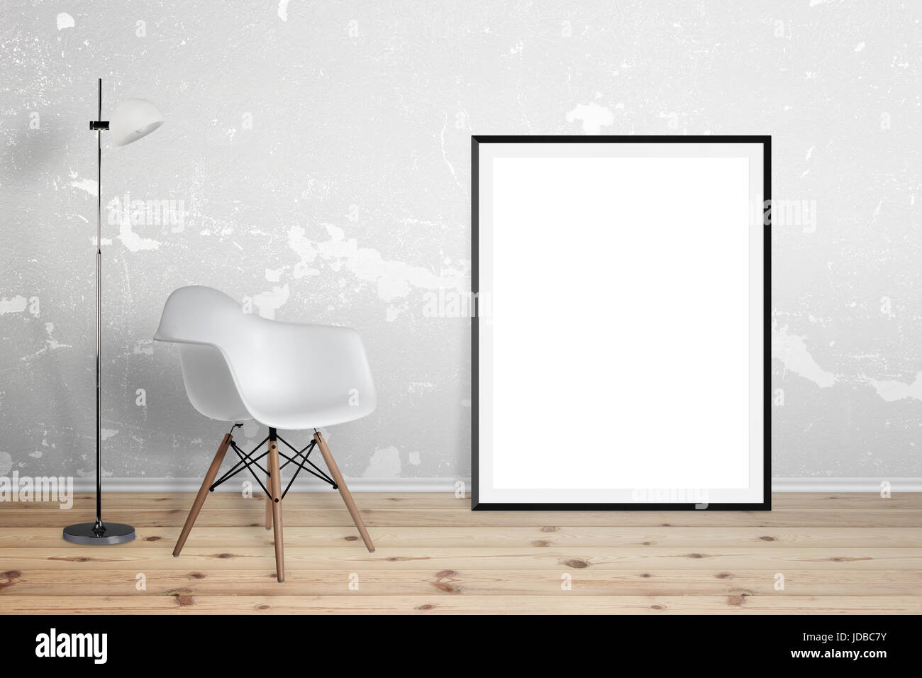 Empty poster frame for mockup. Lamp and chair beside Stock Photo - Alamy