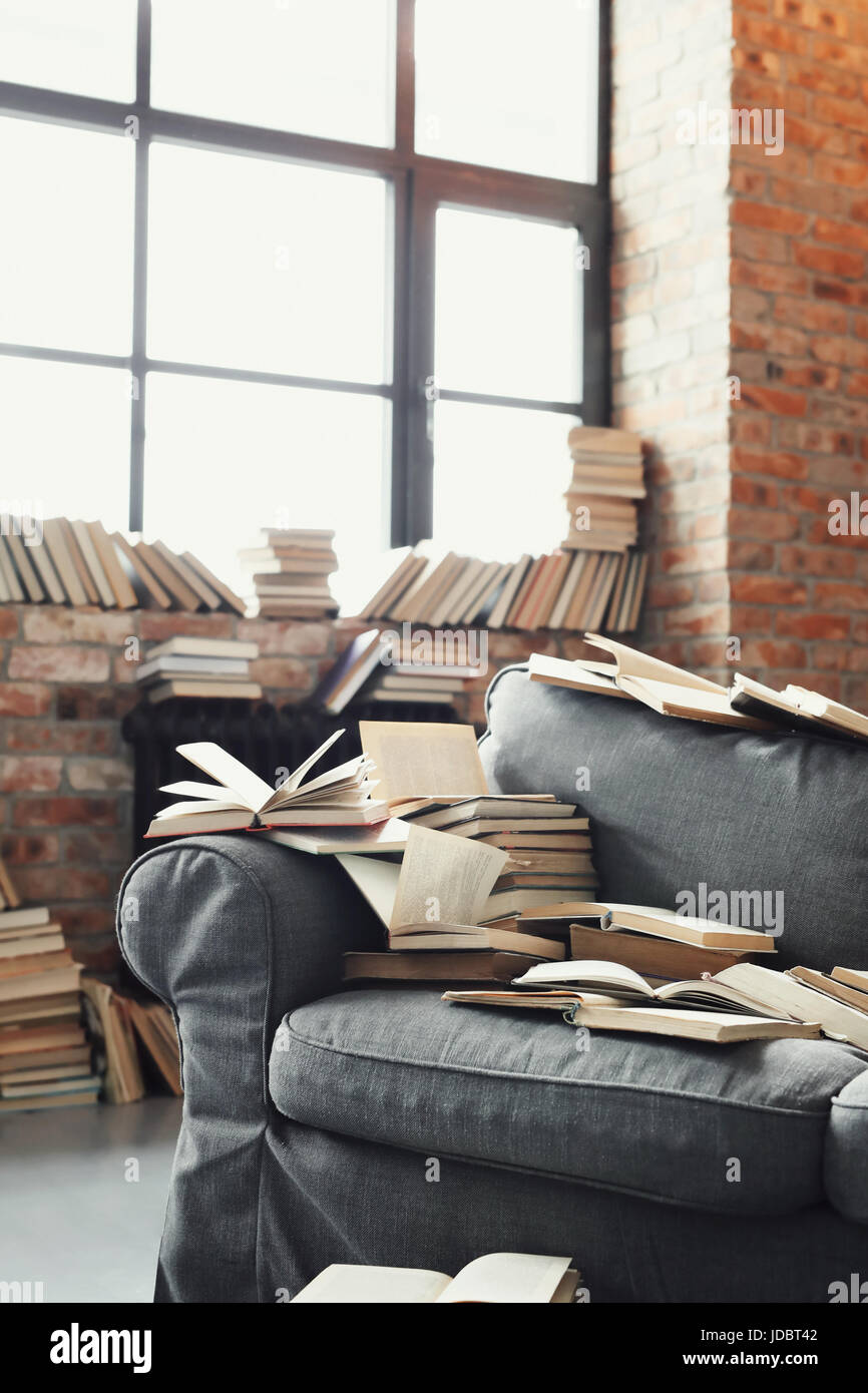 Library. Pile of books indoor Stock Photo - Alamy