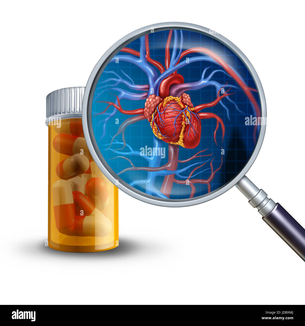 Heart medicine and cardiac medications concept as a magnifying glass on ...