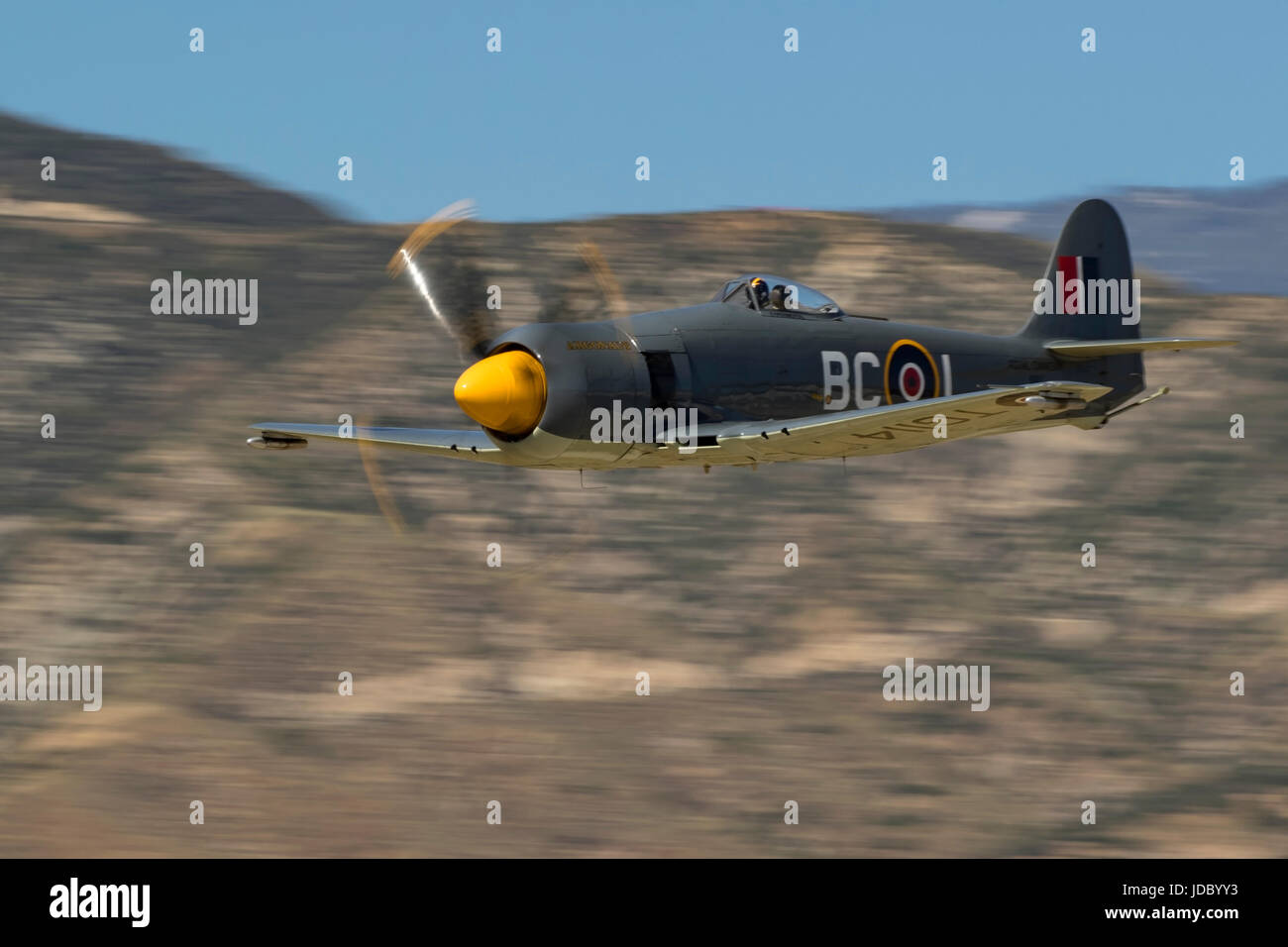 Airplane WWII Hawker Sea Fury aircraft flying at air show Stock Photo ...