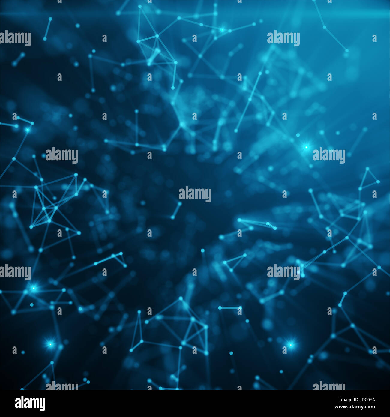 Abstract space blue tint background. Chaotically connected points and polygons flying in space ...