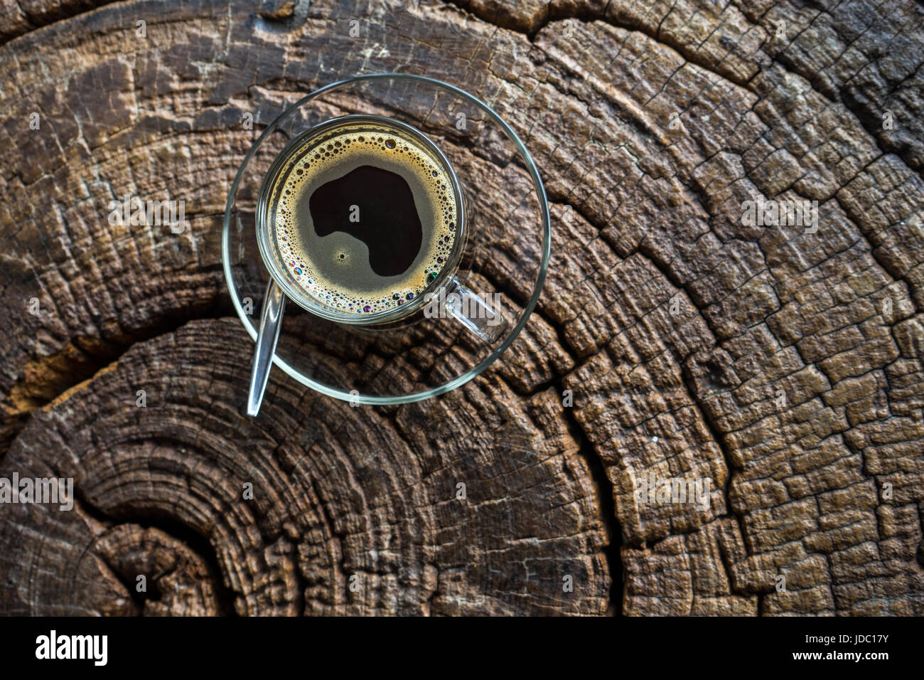 Cup of black coffee on cross section of trunk to be table Stock Photo ...