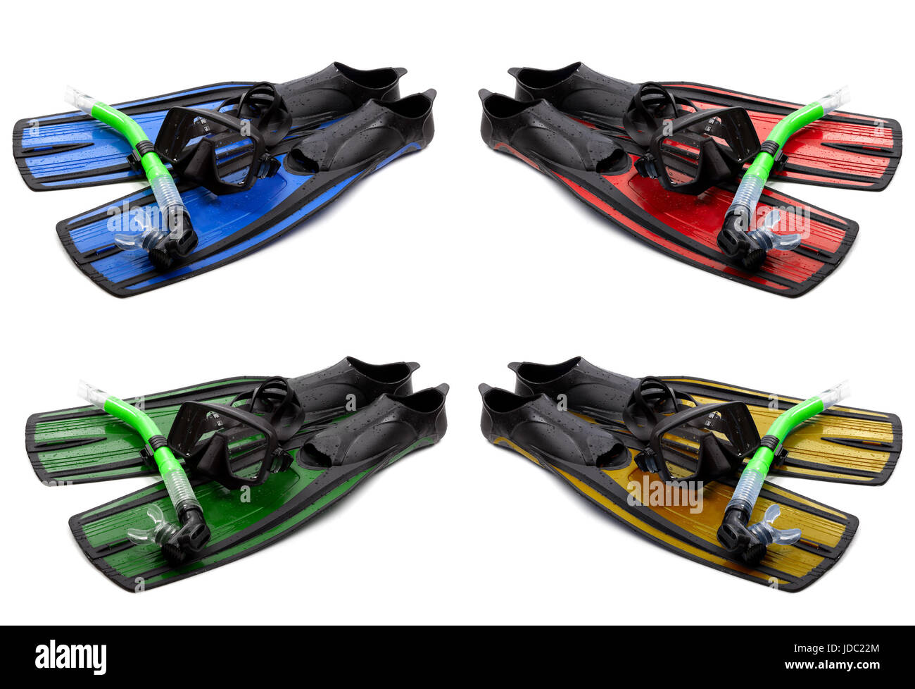 Set of multicolored mask, snorkel and flippers with water drops. Diving ...