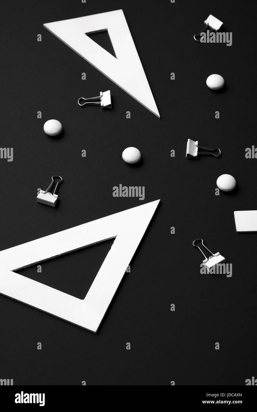 Stationery on wooden table Black and White Stock Photos & Images - Alamy