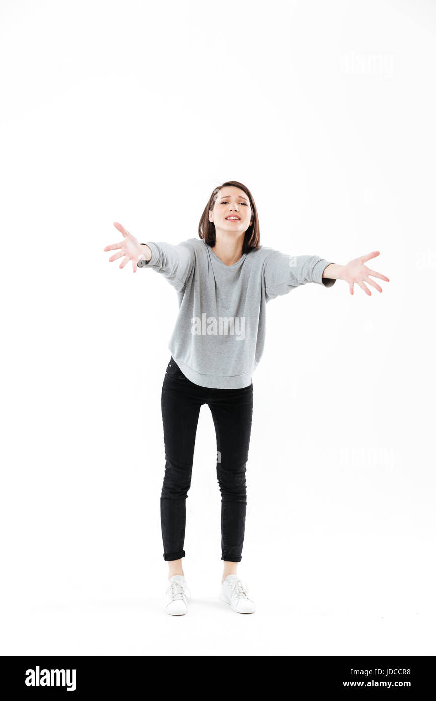 Woman smiling hands open palm Cut Out Stock Images & Pictures - Alamy