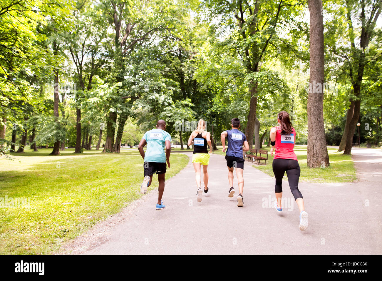 Group of young athletes running in green sunny park Stock Photo - Alamy