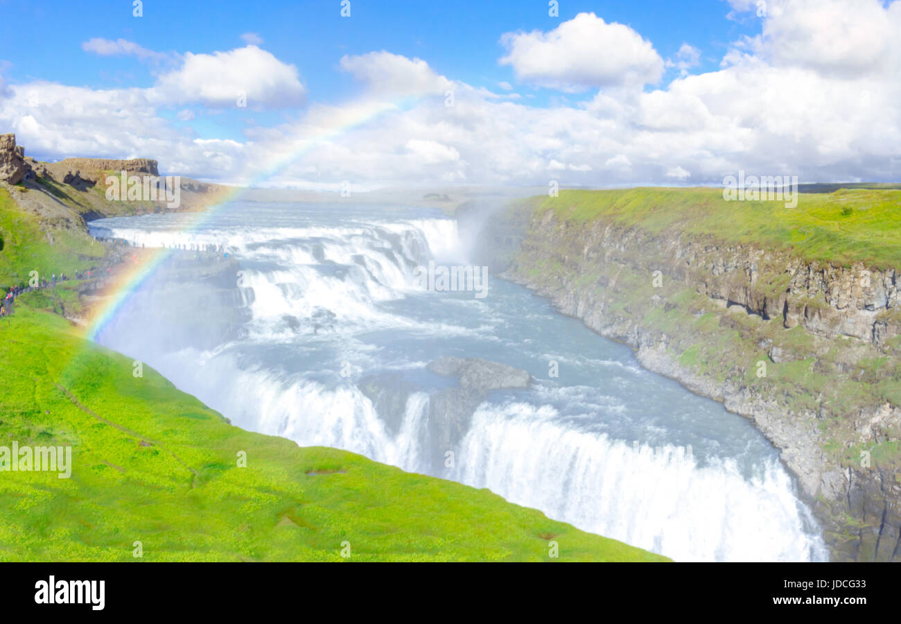 Amazing Gullfoss waterfall with rainbow. Golden Circle route. Iceland ...