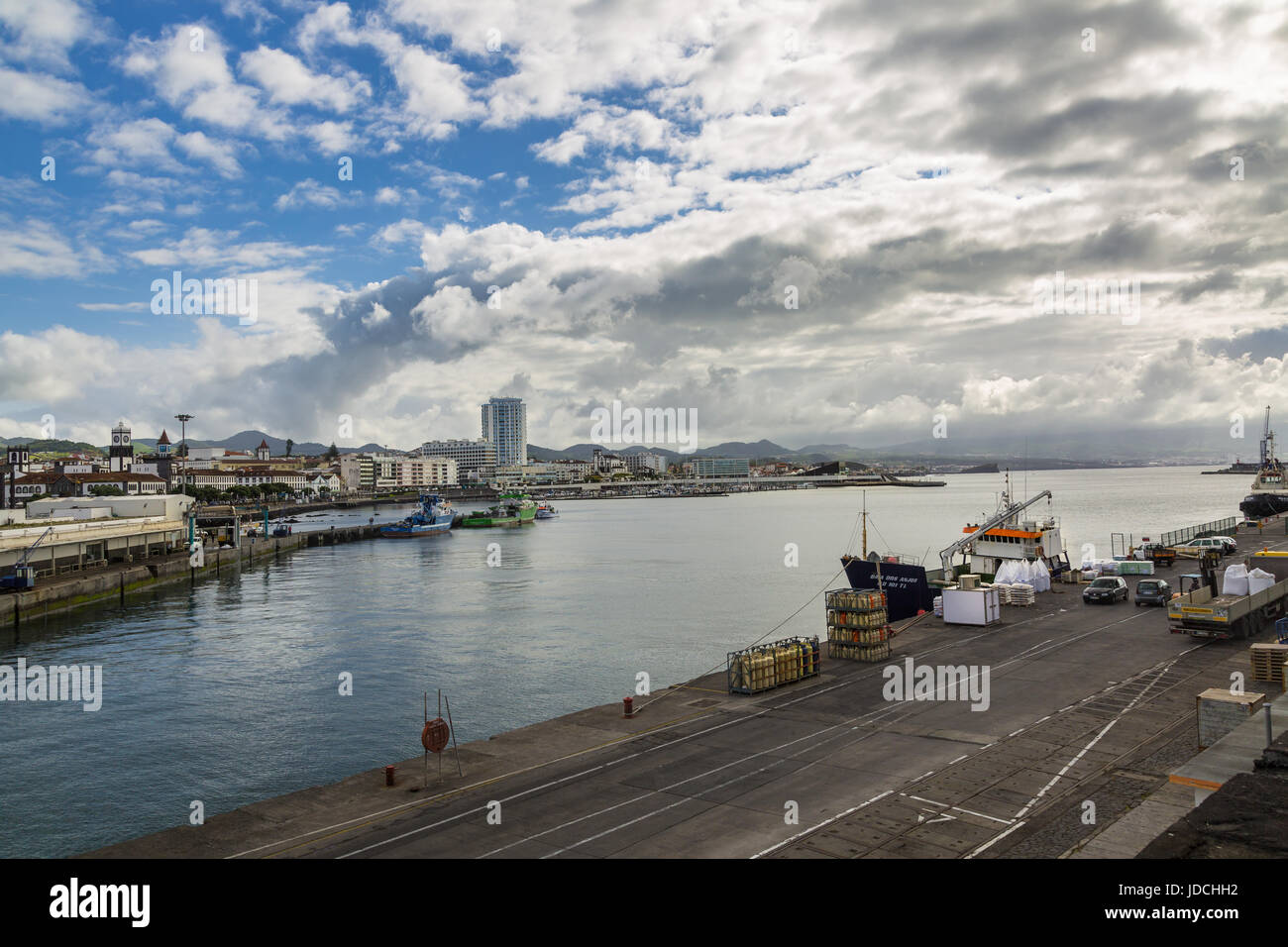 Seafront Ponta Delgada with the port. Ponta Delgada on the island of ...