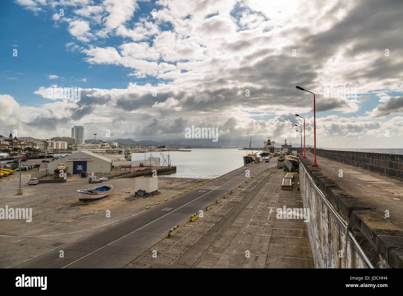 Seafront Ponta Delgada with the port. Ponta Delgada on the island of ...