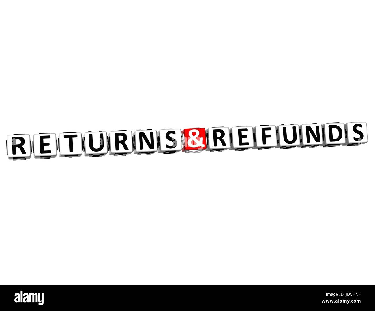 3D Returns And Refunds Button Click Here Block Text over white background Stock Photo - Alamy