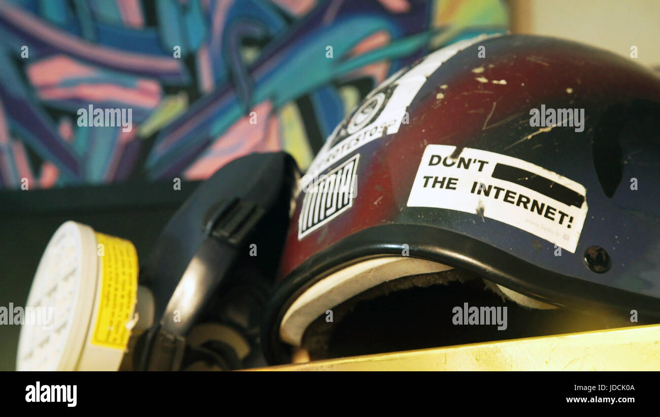 BLACK CODE, 'Don't Censor the Internet' helmet, 2016. © Mongrel Media ...