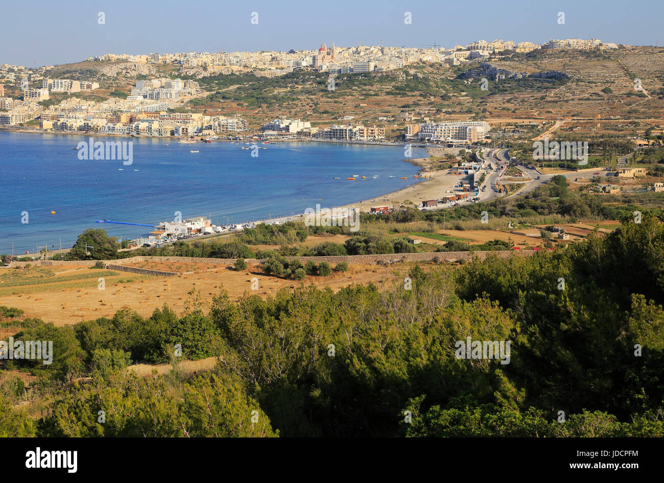 View to Mellieha Bay resort and town, Marfa peninsula, Malta Stock ...