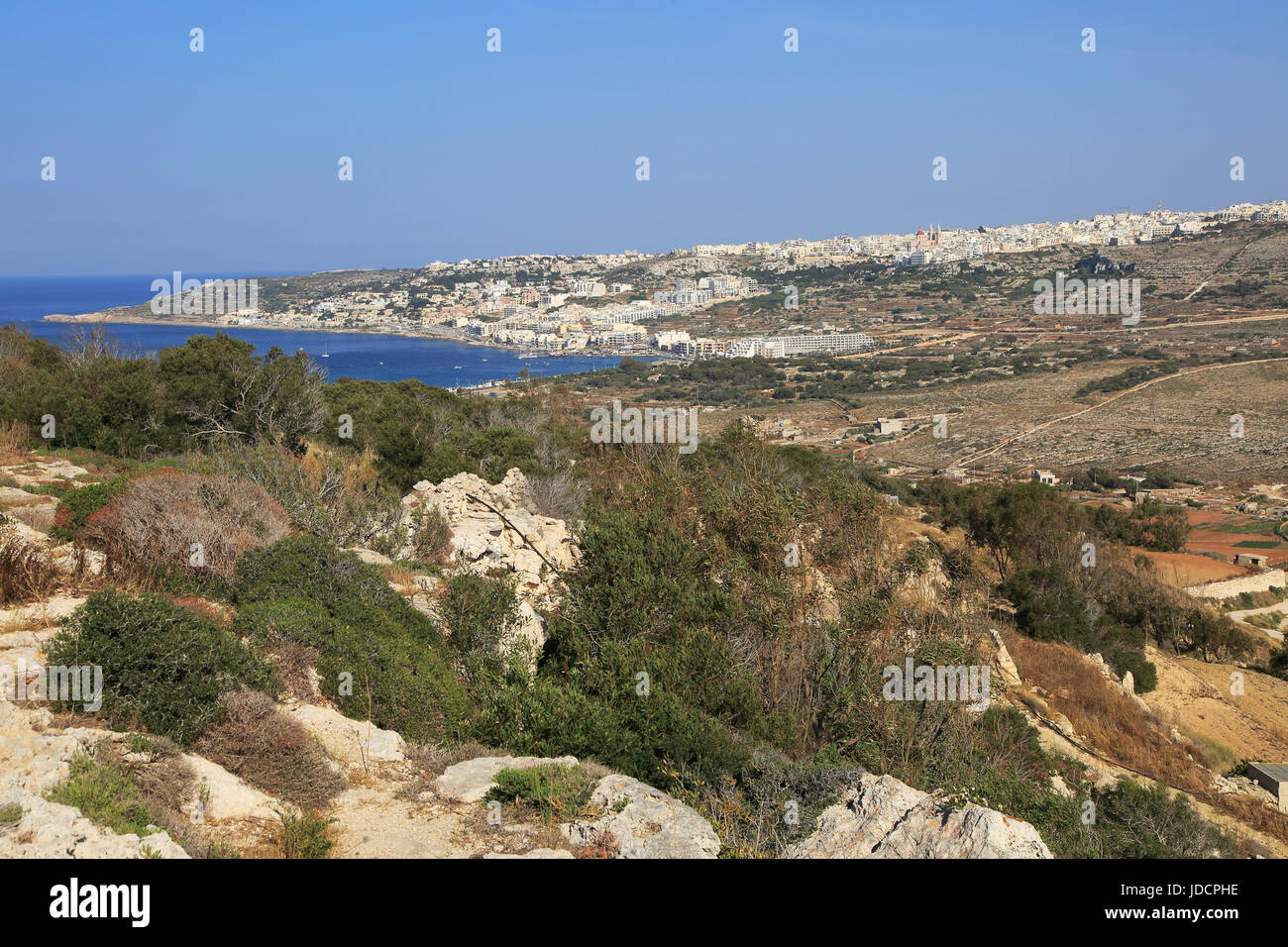 View to Mellieha Bay, Marfa peninsula, Malta over Ghadira nature ...