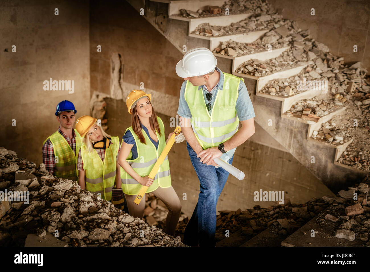 Four construction architects in building damaged in the disaster Stock ...