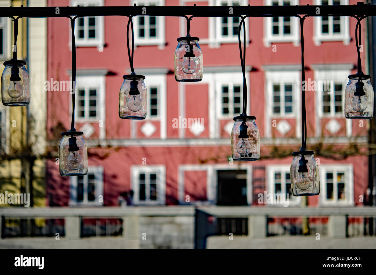 Hanging lights on street Stock Photo - Alamy