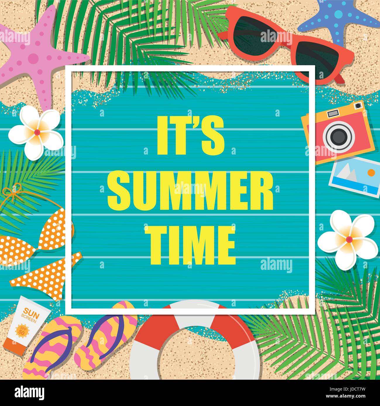 It’s summer time background. Top view with sunglasses, sun screen ...
