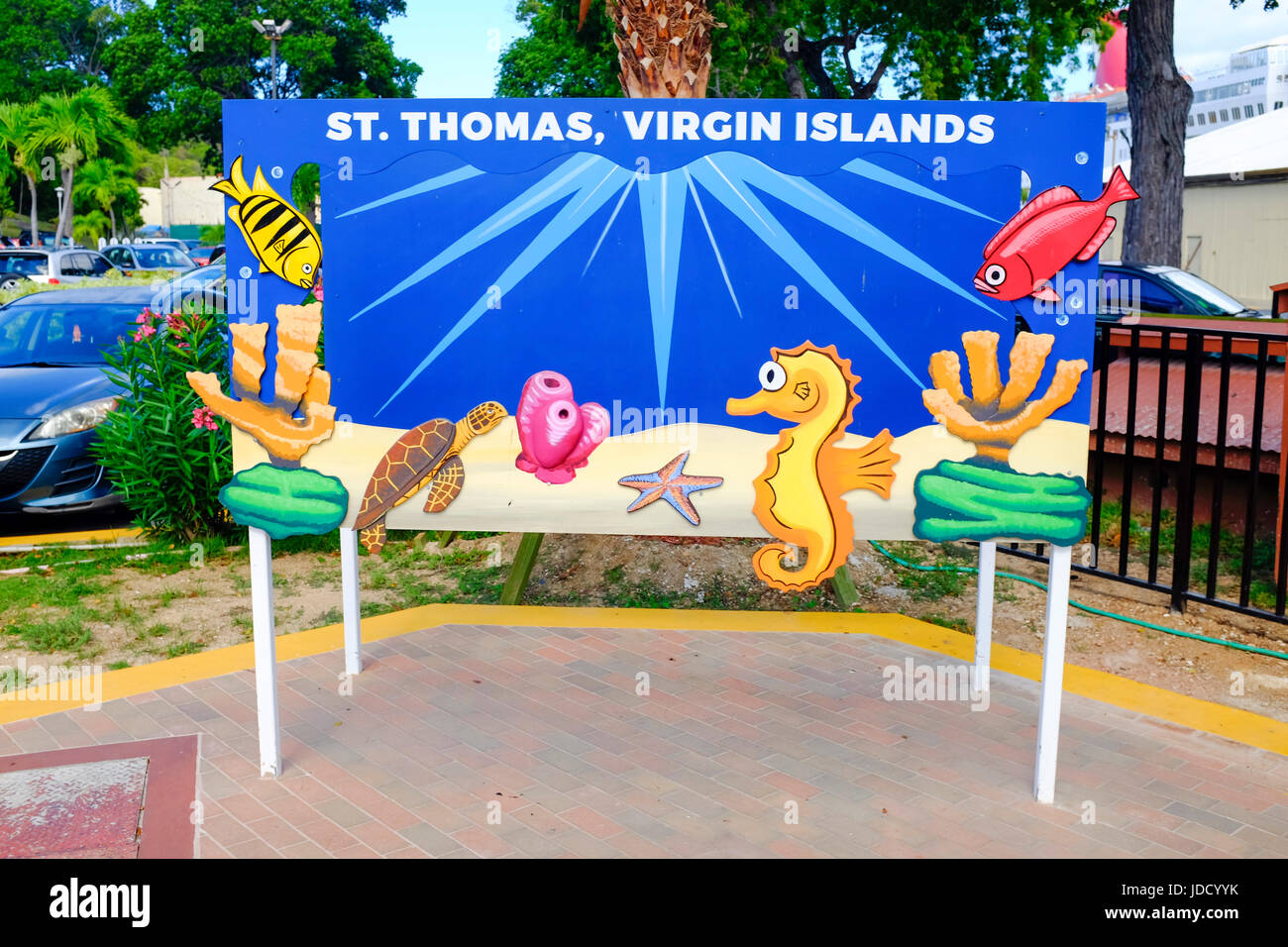 Colourful signs in St. Thomas Havensight cruise ship port area Stock ...