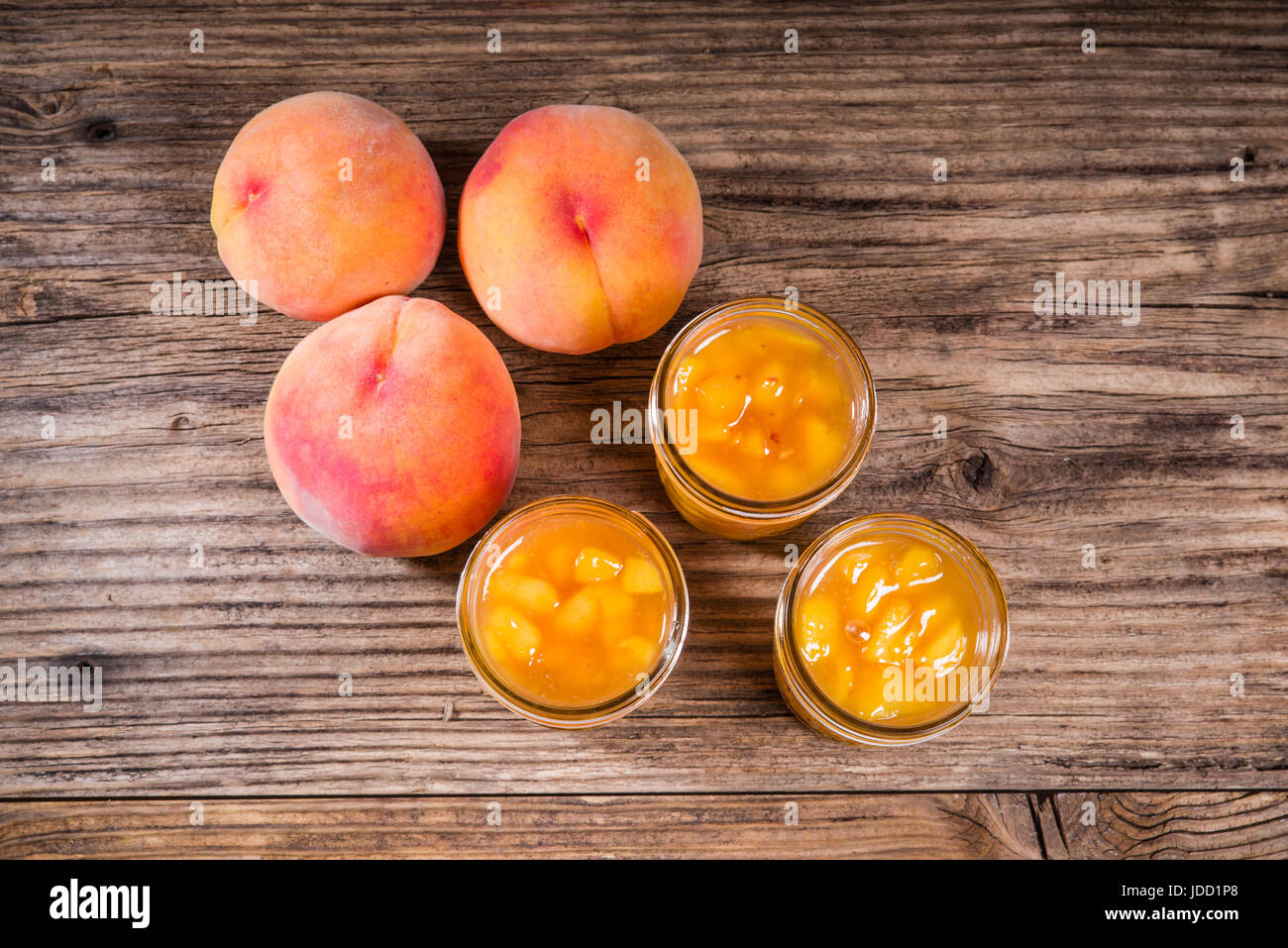 Ripe yellow peaches and jars of preserves or pie filling Stock Photo ...