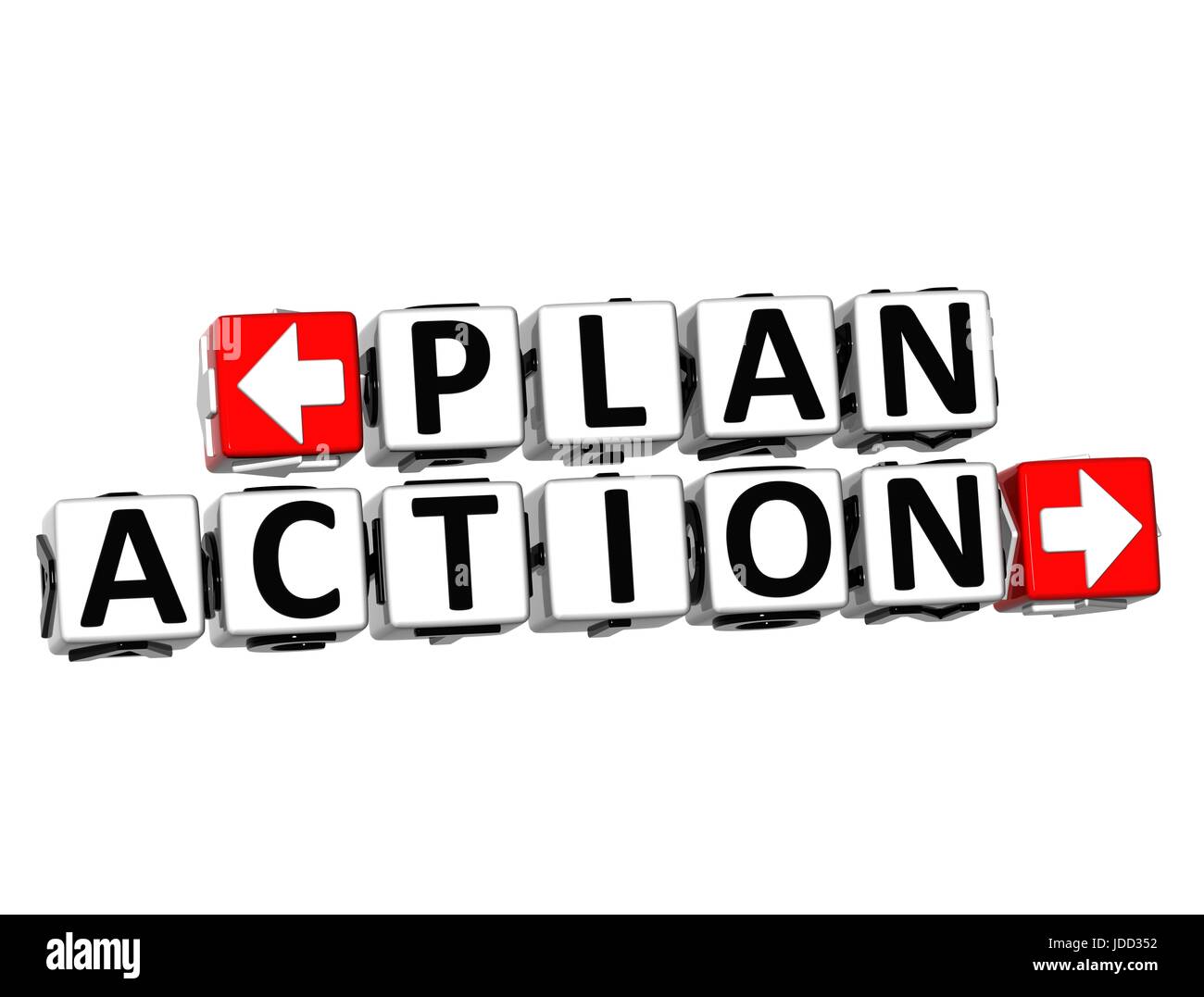 3D Plan Action Button Click Here Block Text over white background Stock ...